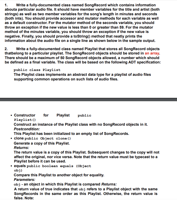 Solved 1. Write a fully-documented class named SongRecord | Chegg.com