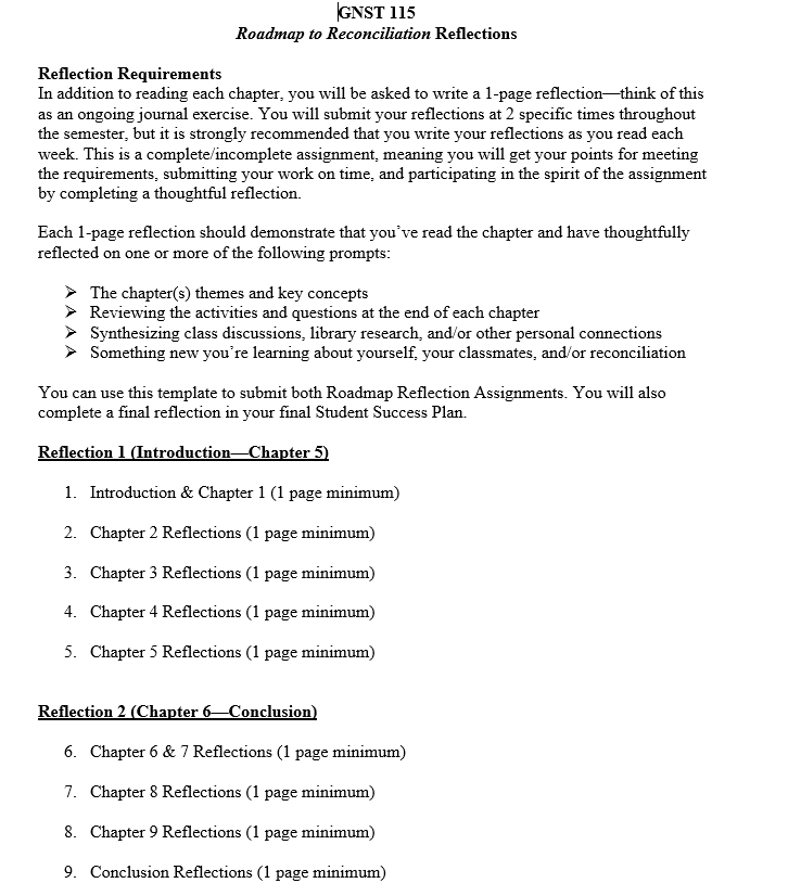 GNST 115 Roadmap to Reconciliation Reflections | Chegg.com