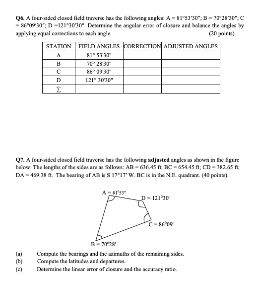 Solved Q6. A four-sided closed field traverse has the | Chegg.com