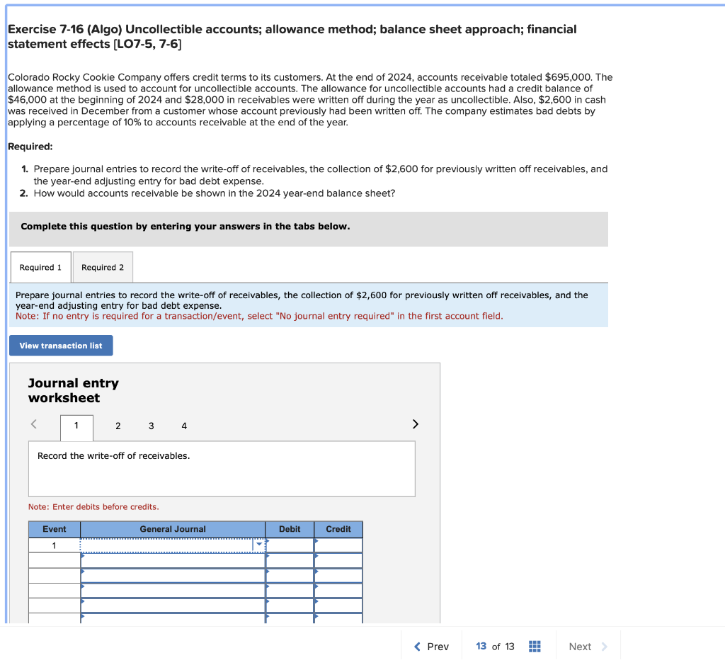 Solved Exercise 7-16 (Algo) Uncollectible accounts; | Chegg.com