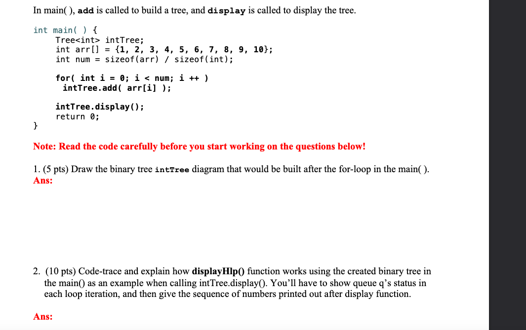 Solved Q4. Binary tree code-tracing questions (15 pts) Given | Chegg.com
