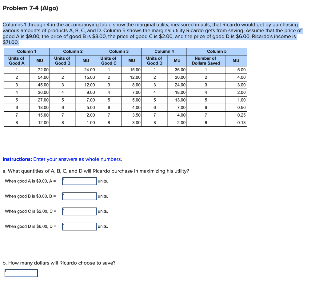 Solved Problem 7-4 (Algo) Columns 1 through 4 in the | Chegg.com