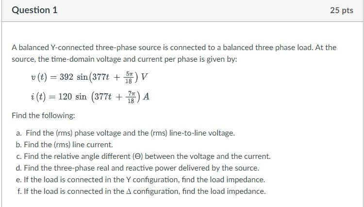 Solved A balanced Y-connected three-phase source is | Chegg.com
