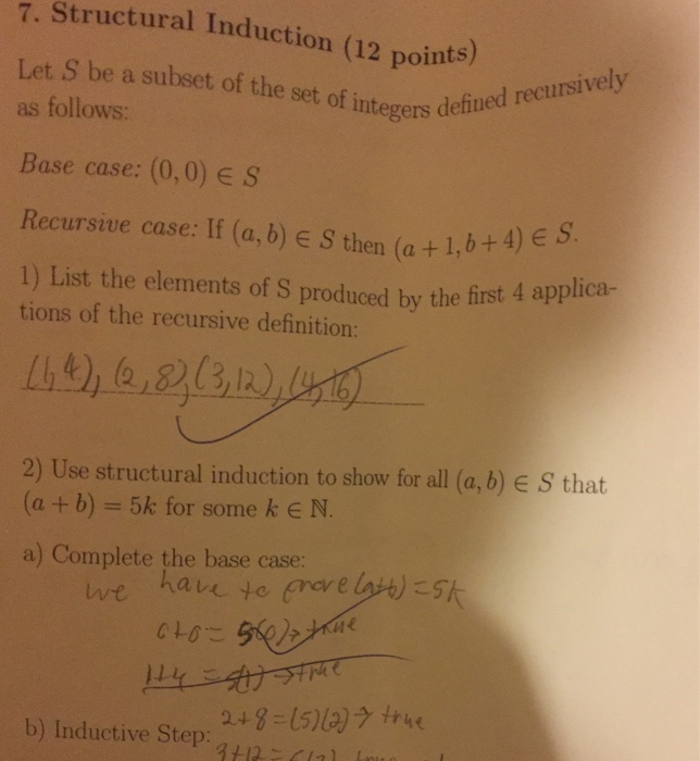 Solved 7. Structural Induction (12 points) Let S be a subset | Chegg.com