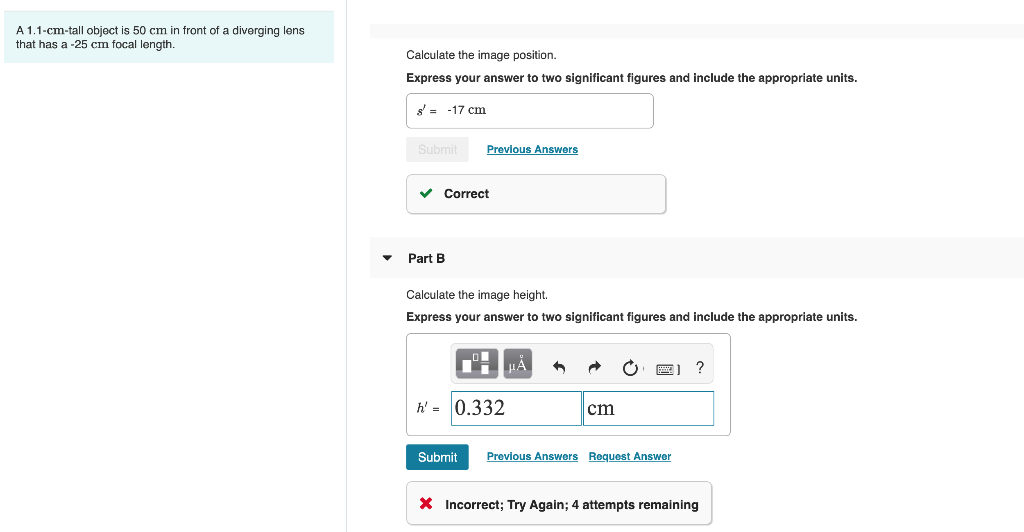 Solved A 1.1-cm-tall object is 50 cm in front of a diverging | Chegg.com