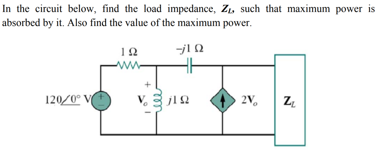 Solved In the circuit below, find the load impedance, Zl, | Chegg.com