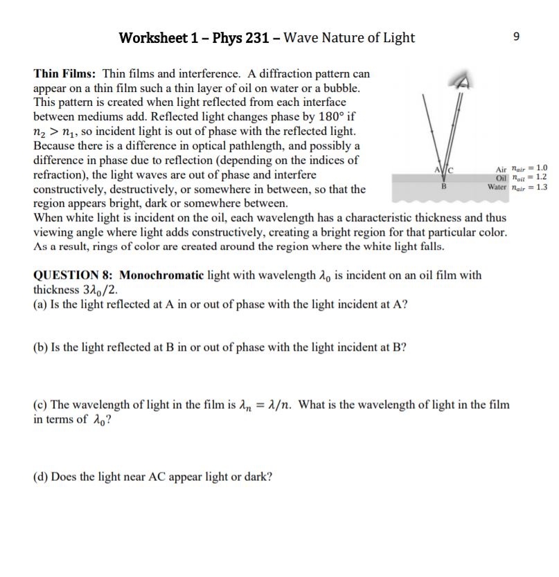 Solved 9 Worksheet 1 - Phys 231 - Wave Nature of Light 9 | Chegg.com