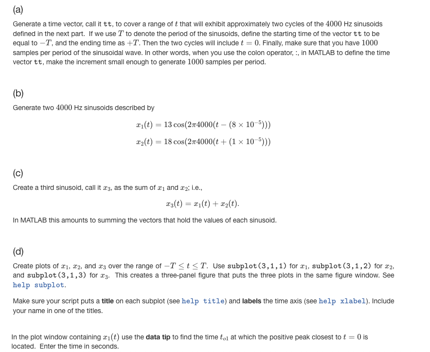 Solved Generate a time vector, call it tt, to cover a range | Chegg.com