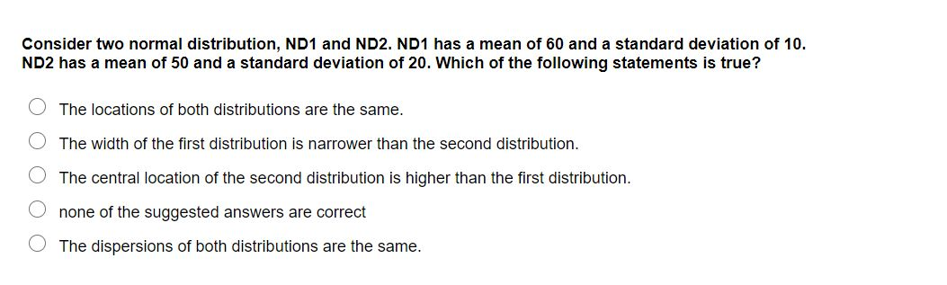 Solved Consider two normal distribution, ND1 and ND2. ND1 | Chegg.com
