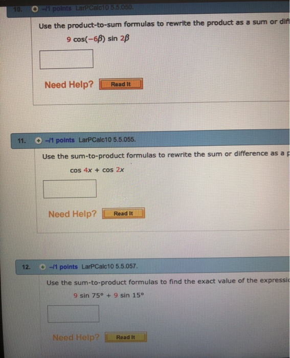 Solved Opoints LarP Calc10 5.5.050 10 Use the product-to-sum | Chegg.com