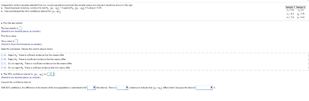 Solved Independent random samples selected from two normal | Chegg.com