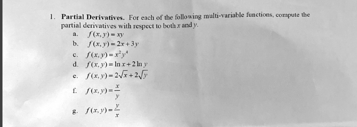 Solved 1. Partial Derivatives. For each of the following | Chegg.com