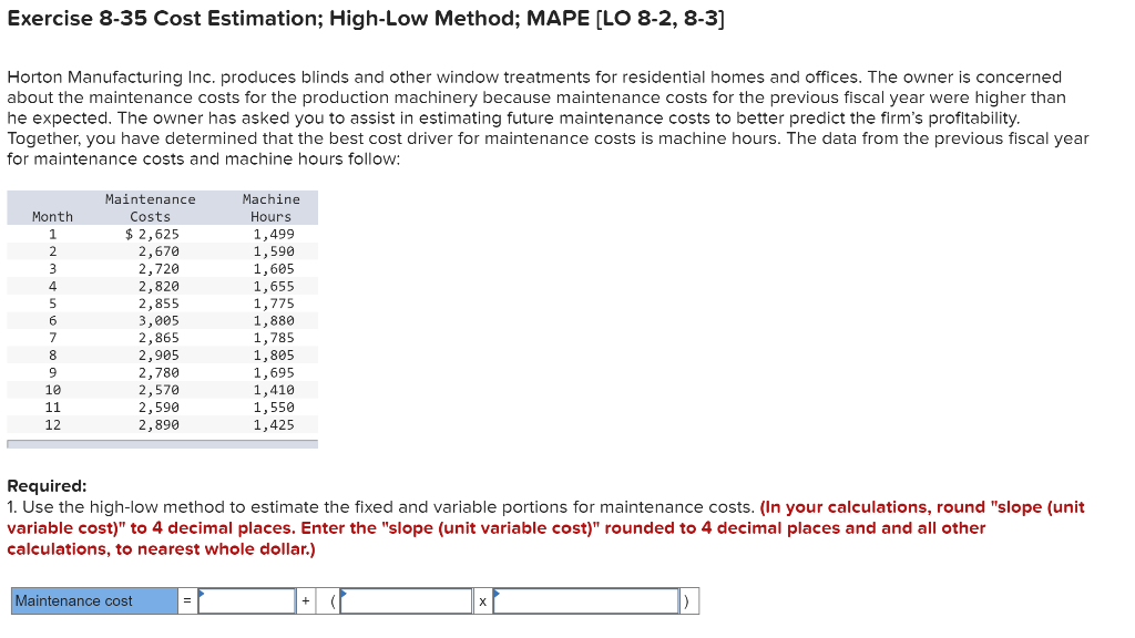 Solved Exercise 8-35 Cost Estimation; High-Low Method; MAPE | Chegg.com