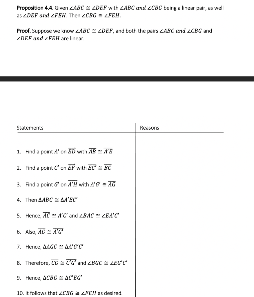 Solved Proposition 4.4. Given ZABC & ZDEF with ZABC and ZCBG | Chegg.com