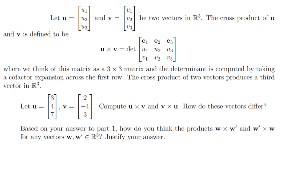 Solved 01 U3 Ui Let u = U2 and v= V2 be two vectors in R3. | Chegg.com