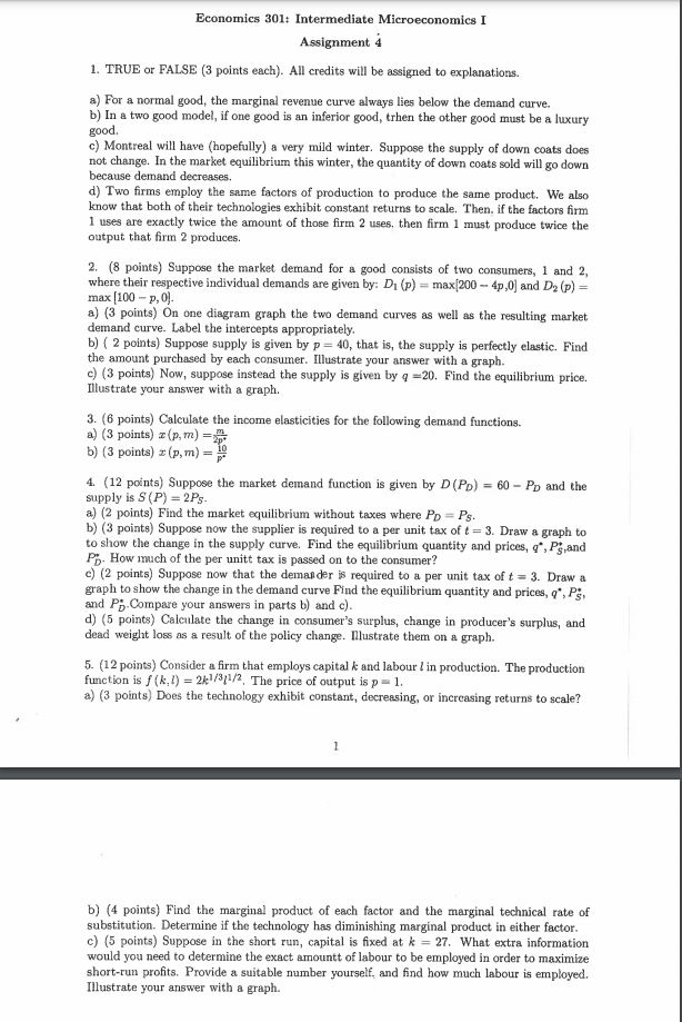 Solved Economics 301: Intermediate Microeconomics I | Chegg.com