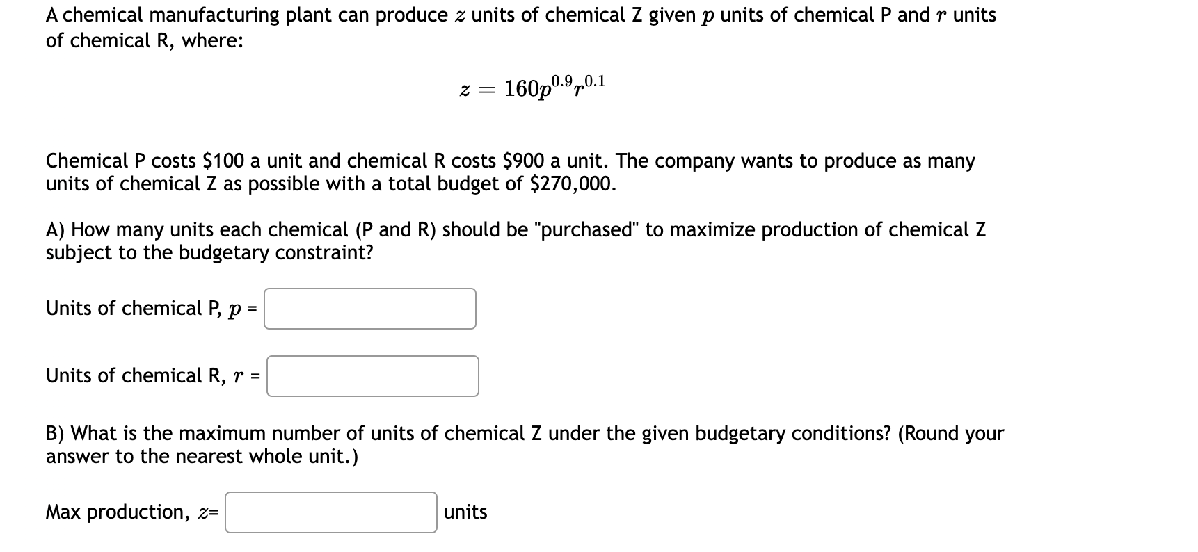 Solved A chemical manufacturing plant can produce z units of | Chegg.com