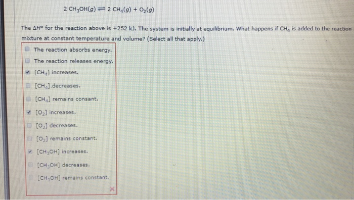 Solved 2 CH3OH(g) 2 CH4(g) + O2(g) The 솨YP for the reaction | Chegg.com