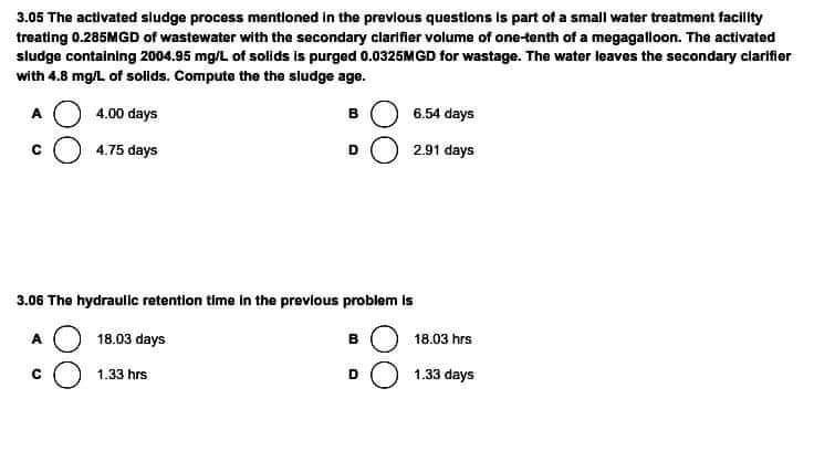 Solved 3.05 The activated sludge process mentioned in the | Chegg.com