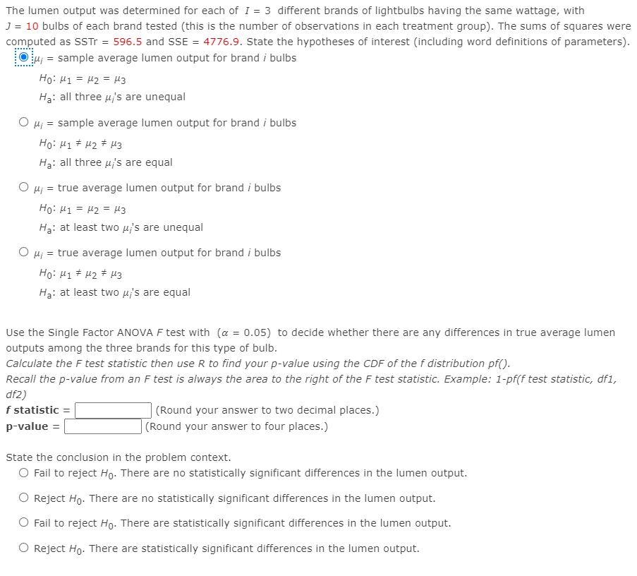 Solved The lumen output was determined for each of I = 3 | Chegg.com