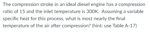 Solved The compression stroke in an ideal diesel engine has | Chegg.com