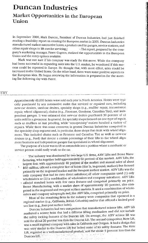 Duncan Industries Market Opportunities in the | Chegg.com