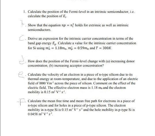 Solved 1. Calculate the position of the Fermi-level in an | Chegg.com