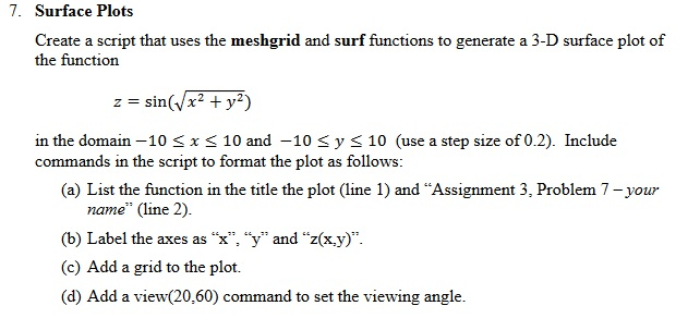 Solved 7. Surface Plots Create a script that uses the | Chegg.com