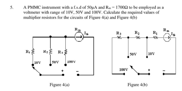 Solved A PMMC instrument with a f.s.d of 50μA and Rm=1700Ω | Chegg.com