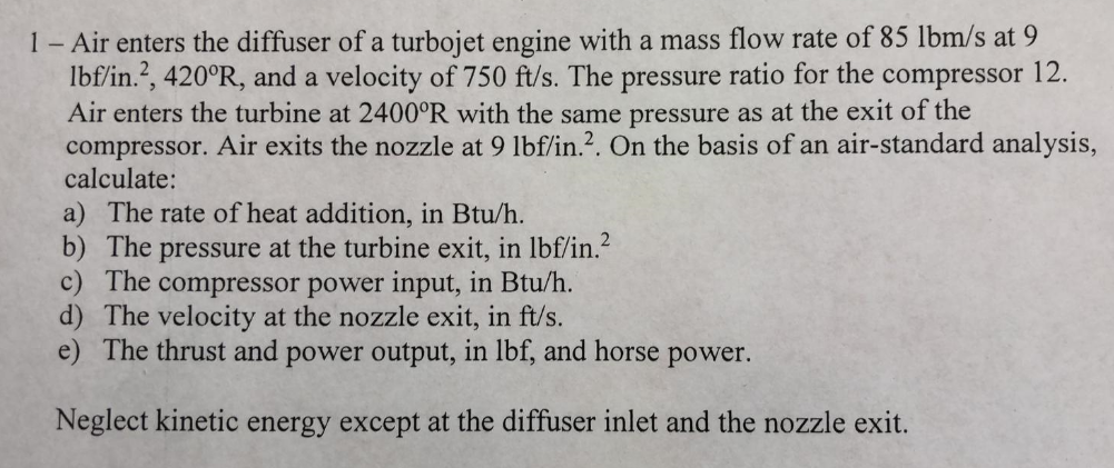 Solved 1 - Air enters the diffuser of a turbojet engine with | Chegg.com