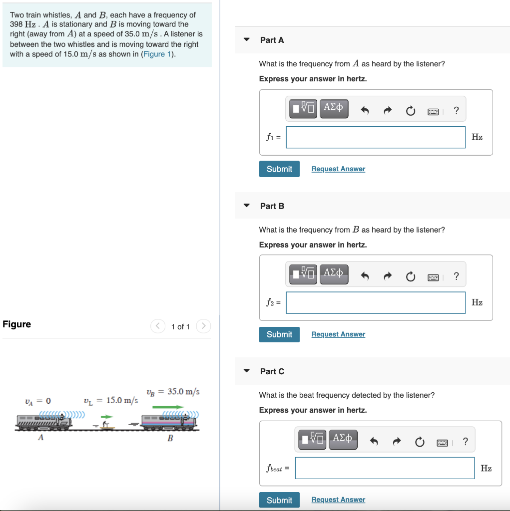 Solved Two train whistles, A and B, each have a frequency of | Chegg.com