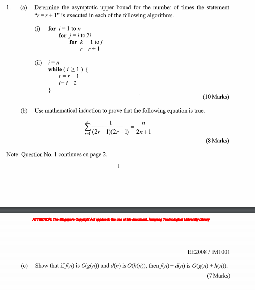 Solved 1. (a) Determine the asymptotic upper bound for the | Chegg.com