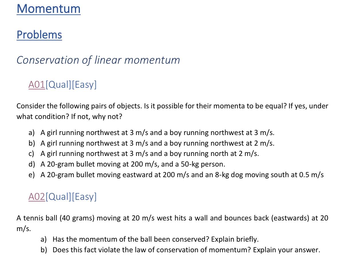 Solved Momentum Problems Conservation of linear momentum | Chegg.com