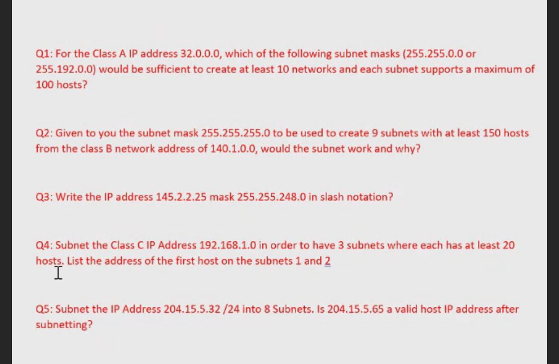Solved Q1: For the Class A IP address 32.0.0.0, which of the | Chegg.com