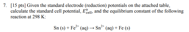 Solved 7. [15 pts] Given the standard electrode (reduction) | Chegg.com