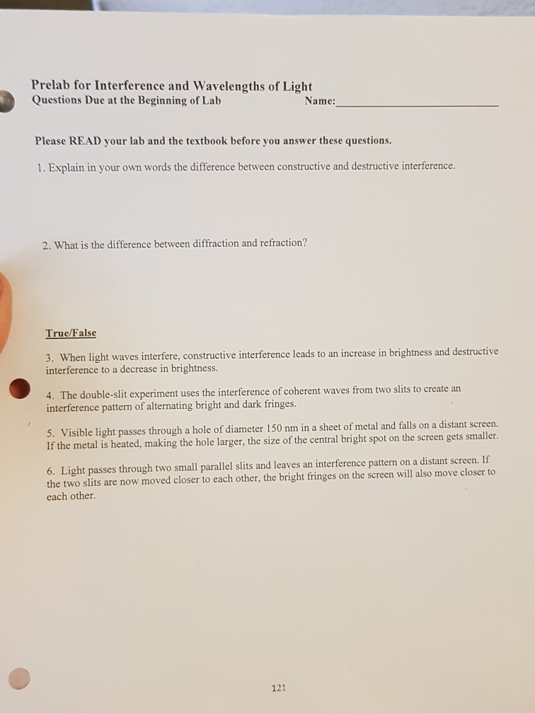 Solved Prelab for Interference and Wavelengths of Light | Chegg.com