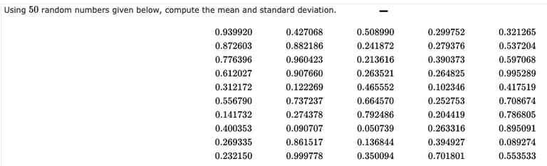 Solved Using 50 random numbers given below, compute the mean | Chegg.com