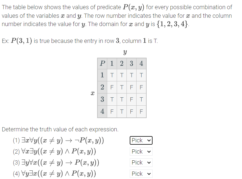 Solved The table below shows the values of predicate P(x, y) | Chegg.com