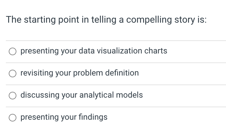 Solved The starting point in telling a compelling story is: | Chegg.com