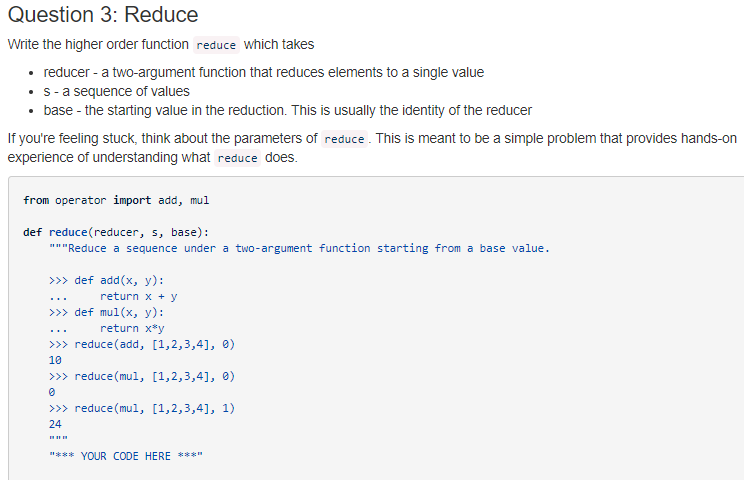 Solved Question 3: Reduce Write the higher order function | Chegg.com