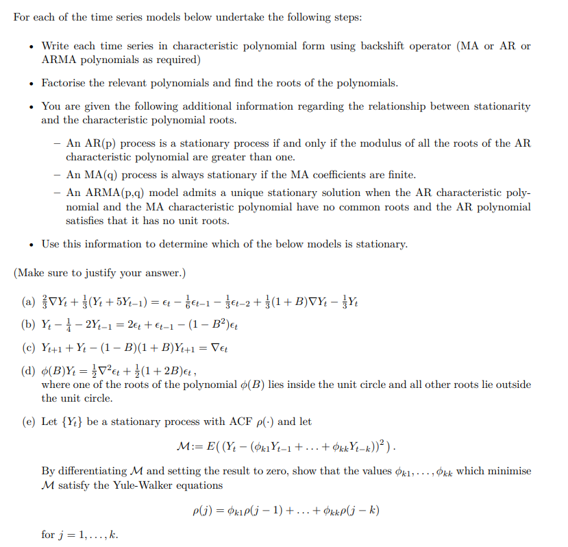 Solved For each of the time series models below undertake | Chegg.com
