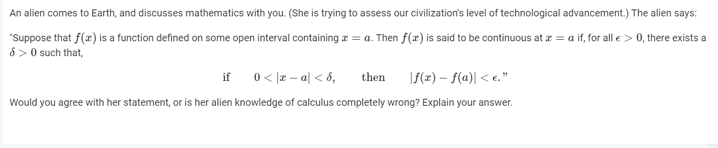 Solved An alien comes to Earth, and discusses mathematics | Chegg.com