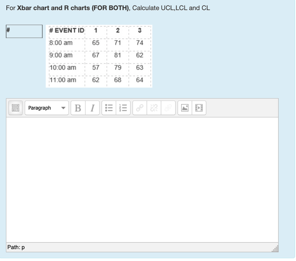 Solved For Xbar chart and R charts (FOR BOTH), Calculate | Chegg.com
