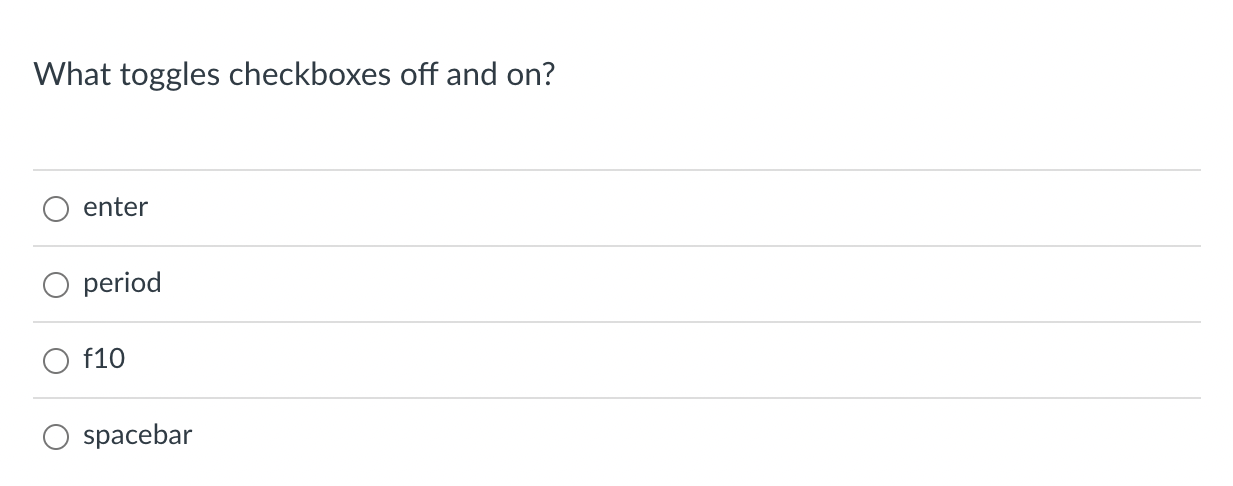 Solved What toggles checkboxes off and on? enter period f10 | Chegg.com
