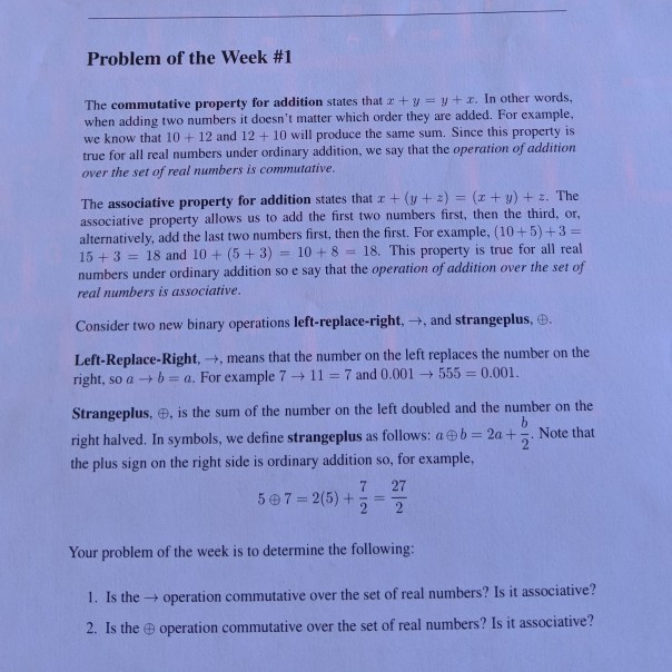 Solved Problem of the Week #1 The commutative property for | Chegg.com