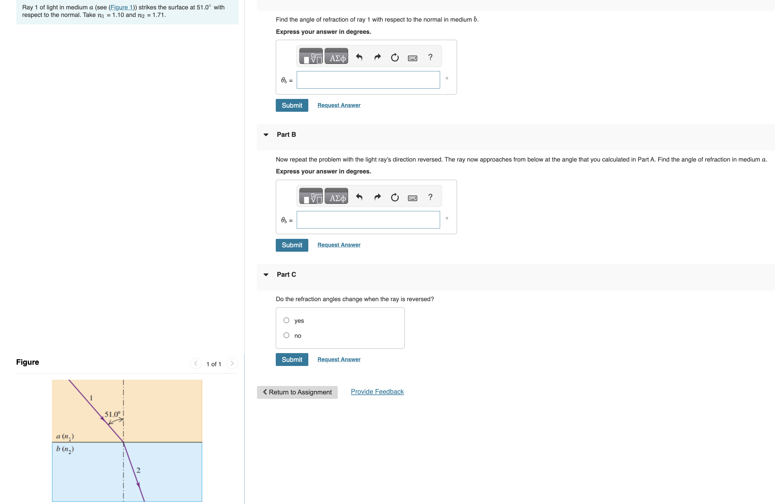 Solved Ray 1 of light in medium a (see (Figure 1)) strikes | Chegg.com
