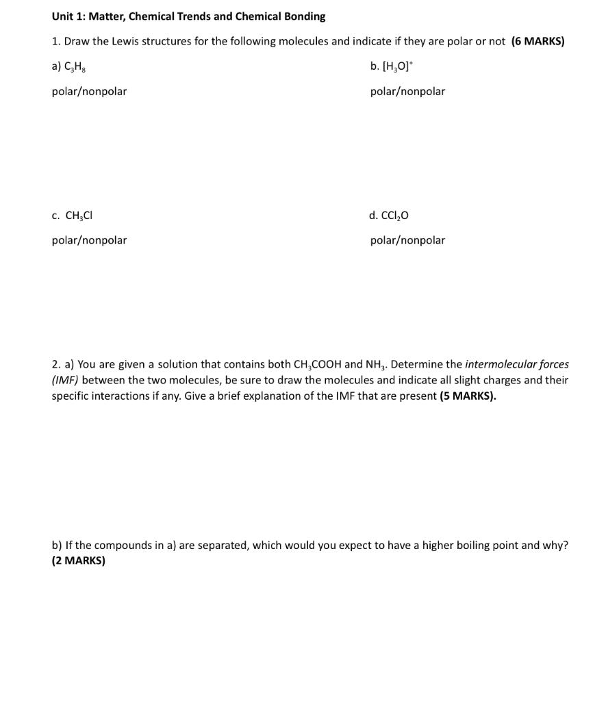 Solved Unit 1: Matter, Chemical Trends and Chemical Bonding | Chegg.com