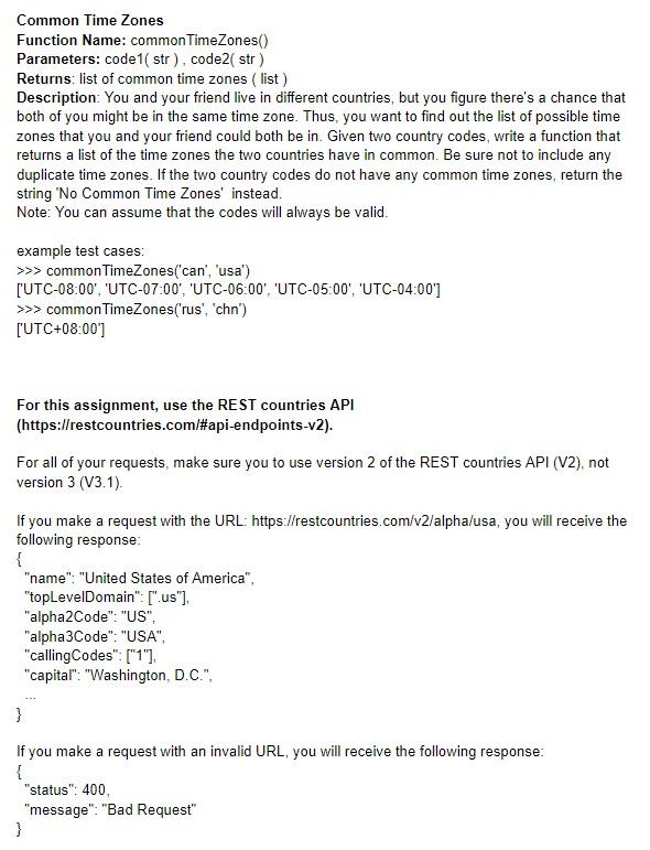 Solved Common Time Zones Function Name: common TimeZones() | Chegg.com