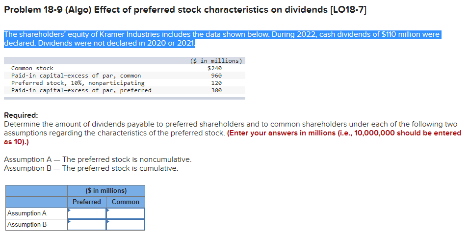 Solved Problem 18.9 (Algo) Effect of preferred stock | Chegg.com