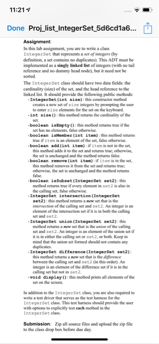 Solved 11:21 ขึ Done Proj list IntegerSet 5d6cd1a6... In | Chegg.com